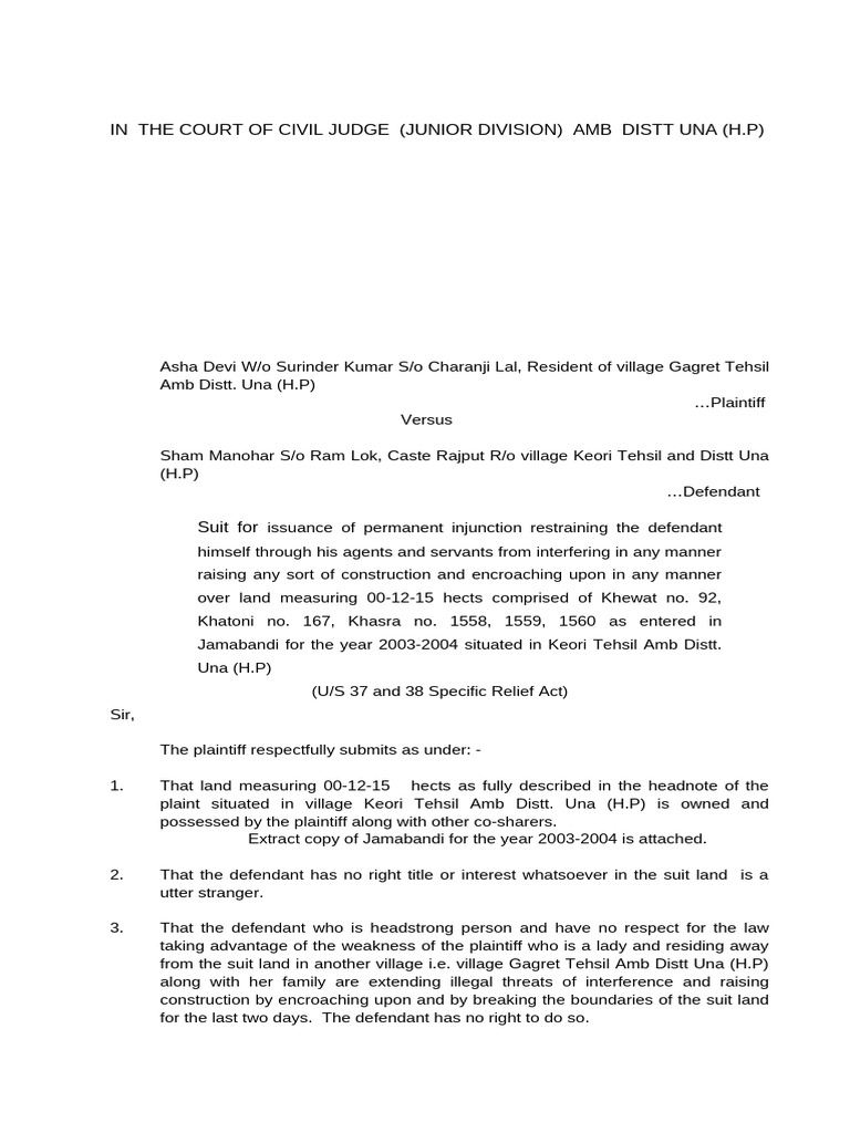 Permanent Injunction Suit in Una H.P. | PDF | Judiciaries | Public Law