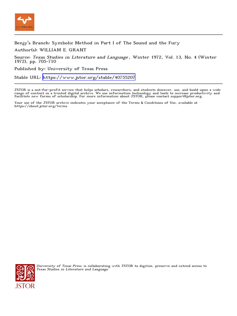 Benjy's Branch - Symbolic Method in Part 1 of The Sound and The Fury | PDF