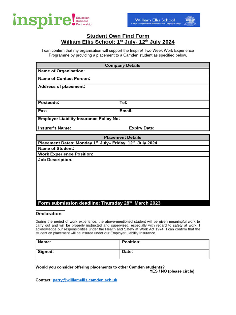 Student Own Find Form William Ellis 2023-24 | PDF