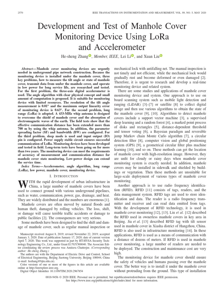Development and Test of Manhole Cover Monitoring Device Using LoRa and ...