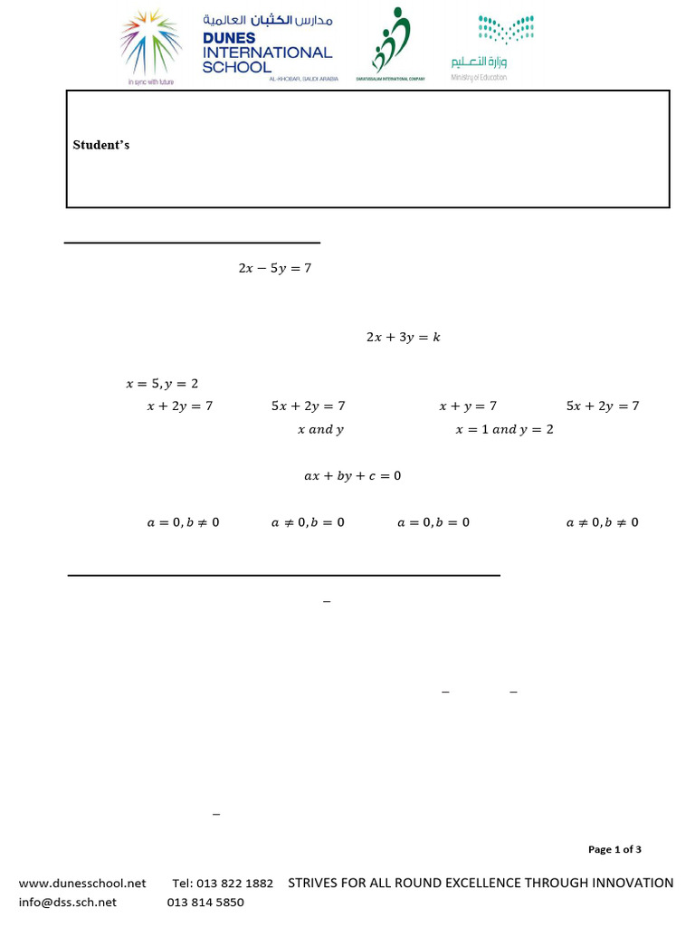 Linear Equations Worksheet for Class 9 | PDF | Equations | System Of ...