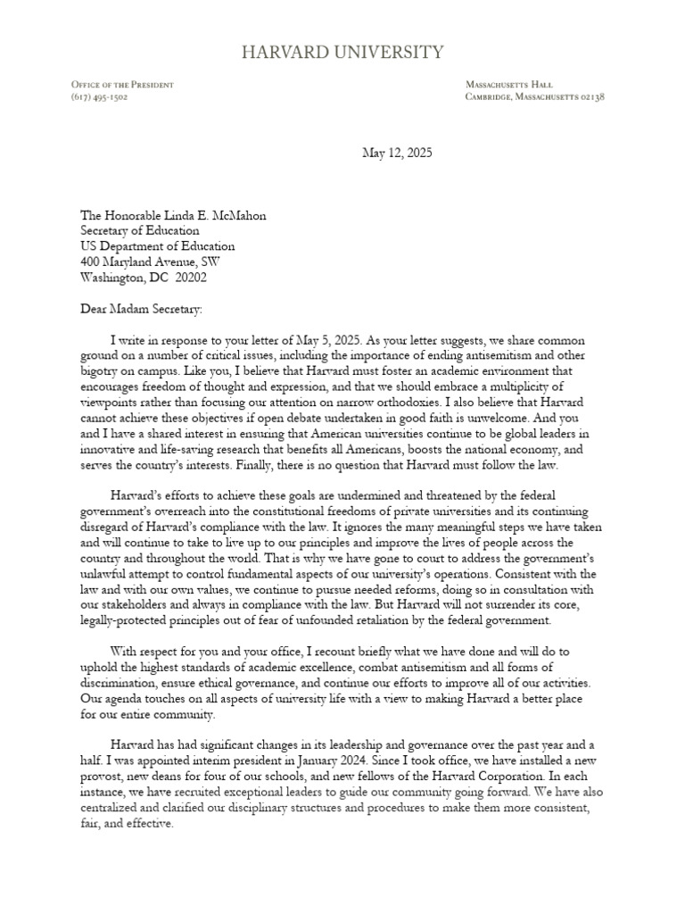 Letter From Harvard President Alan M. Garber To The Honorable Linda E ...