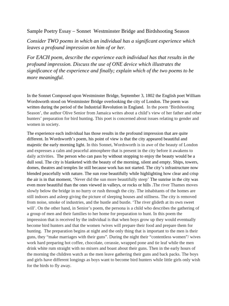 Sample Essay Sonnet and Birdshooting | PDF | Poetry
