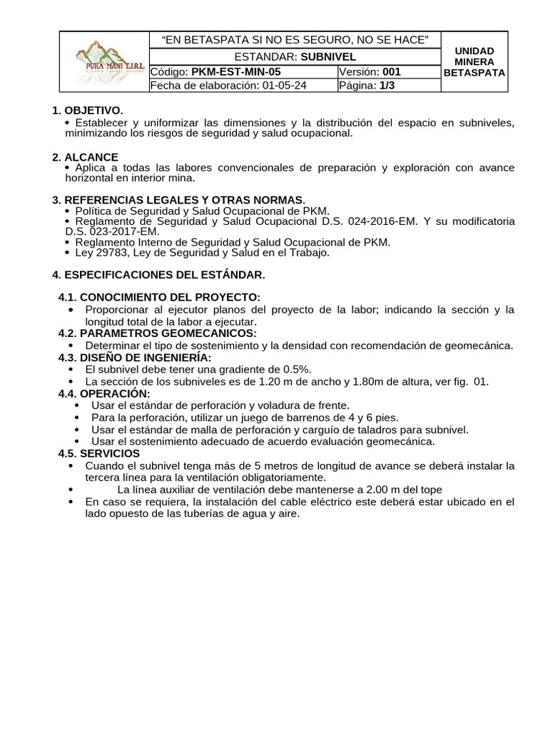 Pkm-Est-Min-005 Estandar de Subnivel | PDF | Seguridad y salud ocupacional