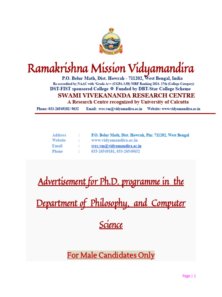 Advertisemet For Ph.D. Programme SVRC June 2025 | PDF | Doctor Of Philosophy | Ramakrishna Mission