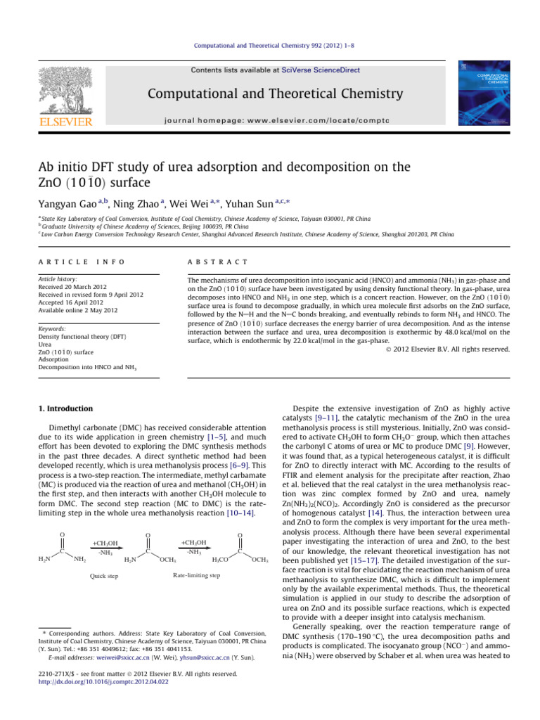 Ab Initio DFT Study of Urea Adsorption and Decomposition On The ZnO ...