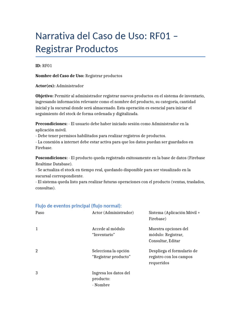 Narrativa Caso Uso RF01 Registrar Productos | PDF | Bases de datos | Software