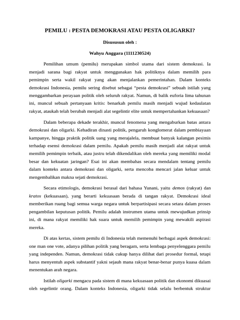 Pesta Demokrasi Atau Pesta Oligarki | PDF