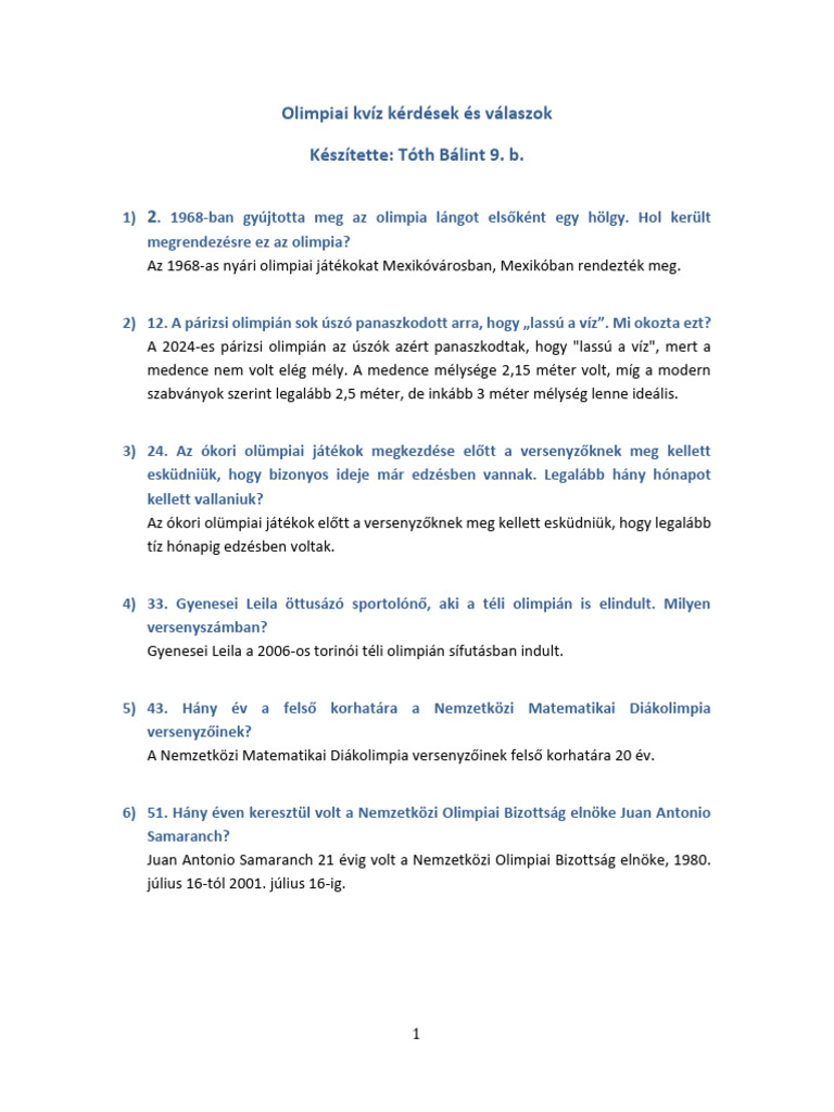 Olimpiai Kvízkérdések - Tóth Bálint 9.b. | PDF