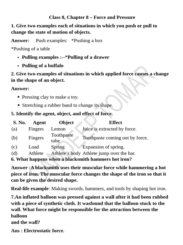 Class 8, Chapter 8 - Force and Pressure | PDF | Force | Gravity