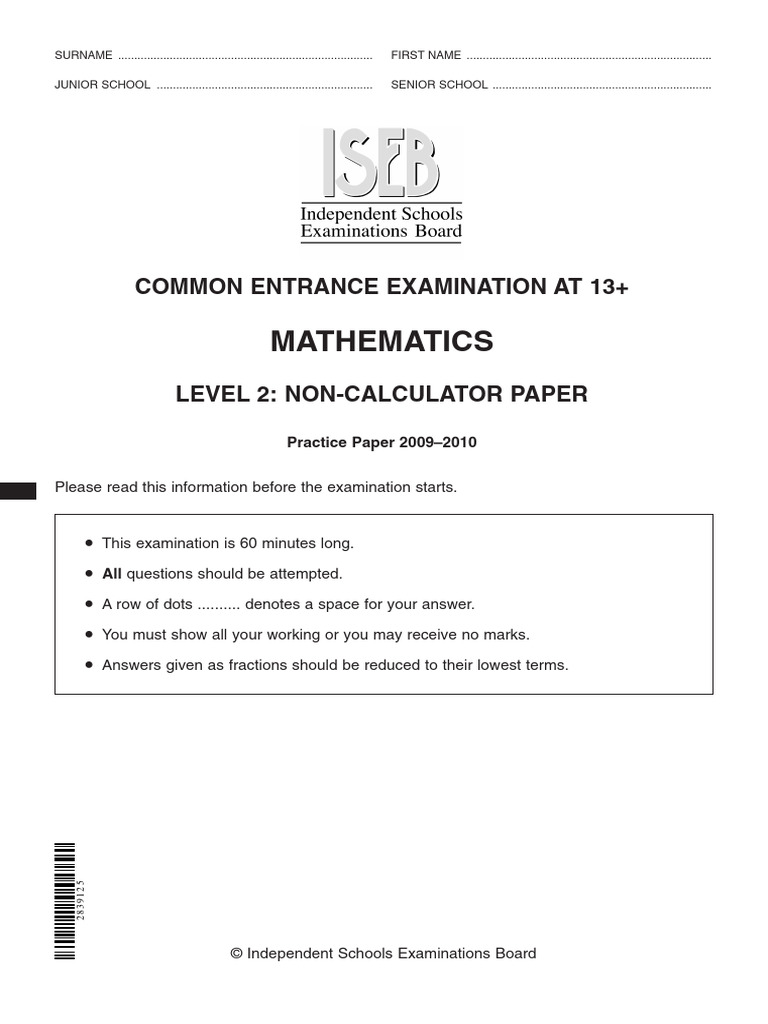 13+ Mathematics Non-Calculator Exam | PDF | Litre