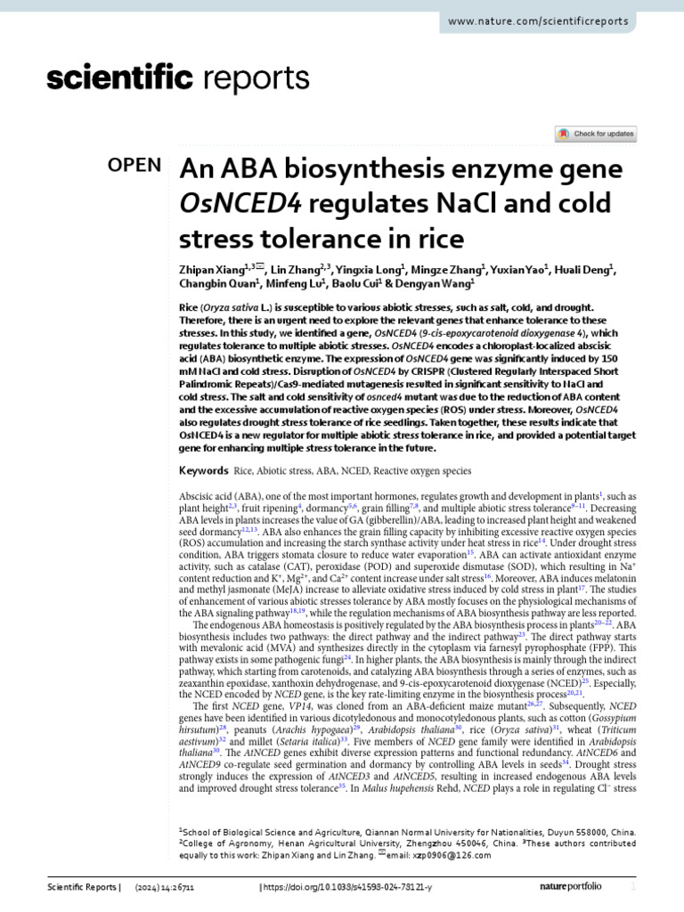 An ABA Biosynthesis Enzyme Gene OsNCED4 Regulates NaCl and Cold Stress ...