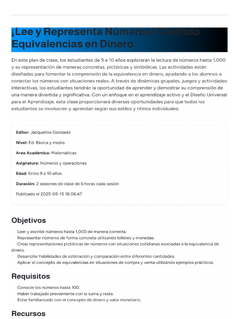 ¡Lee Y Representa Números! Creando Equivalencias en Dinero | PDF