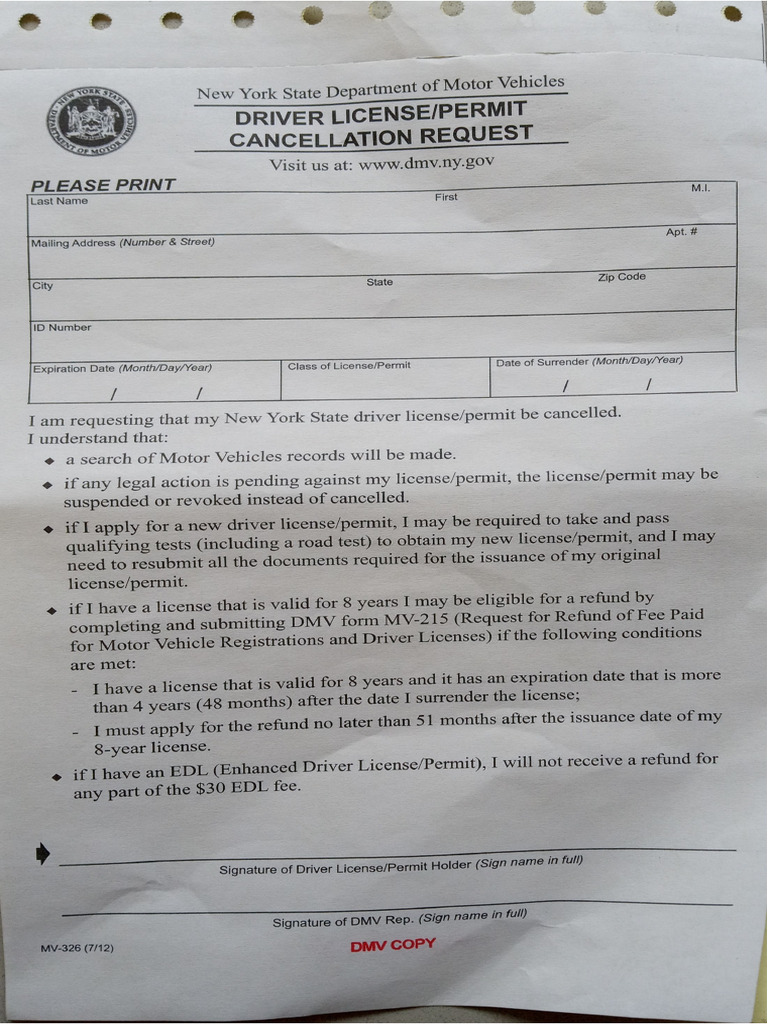 MV-326 Driver License/Permit Cancellation Request | PDF
