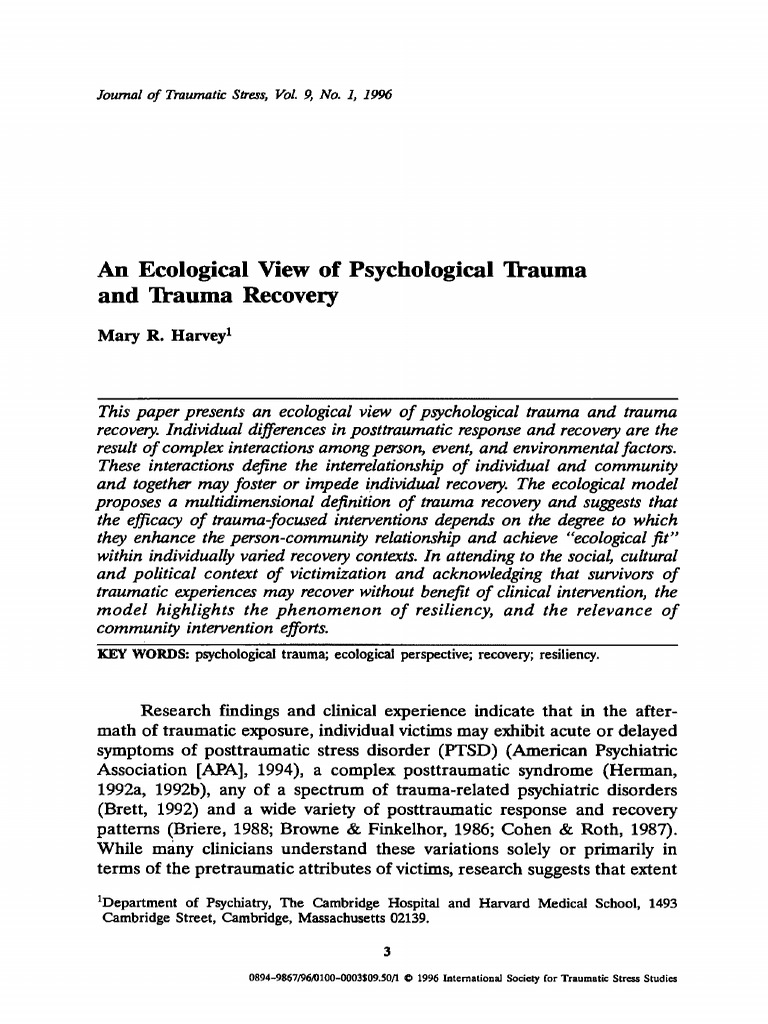 Harvey, M (1997) An Ecological View of Psychological Trauma and Trauma Recovery | PDF ...