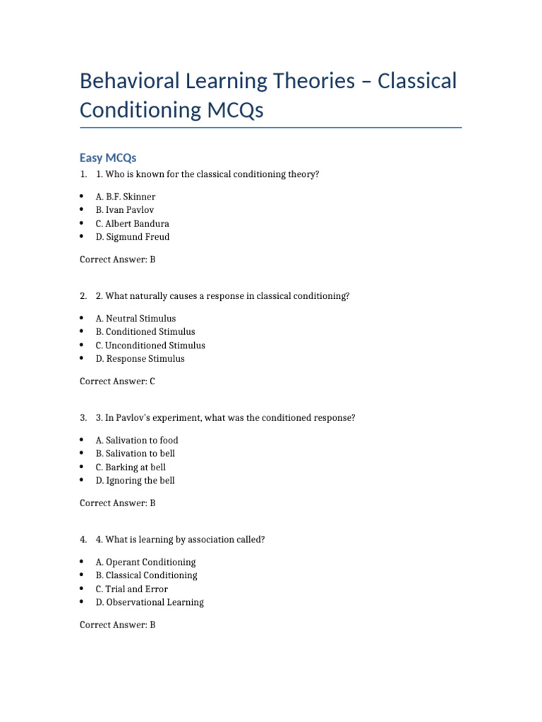 Classical Conditioning Easy Hard MCQs | PDF