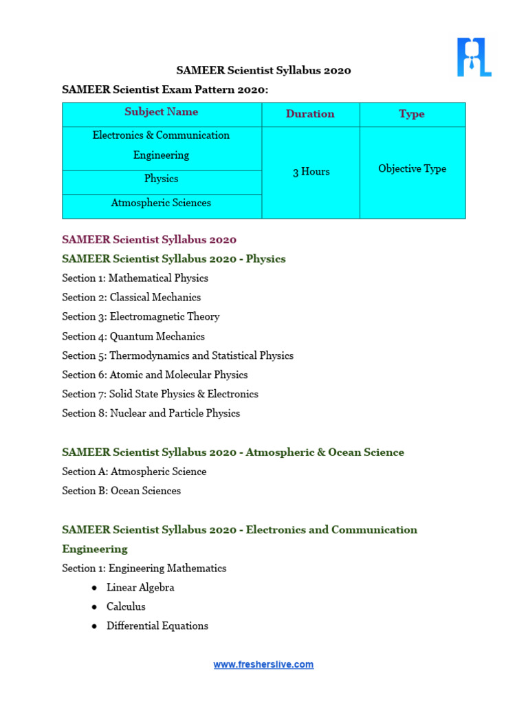 Sameer Scientist Syllabus 2020 | PDF