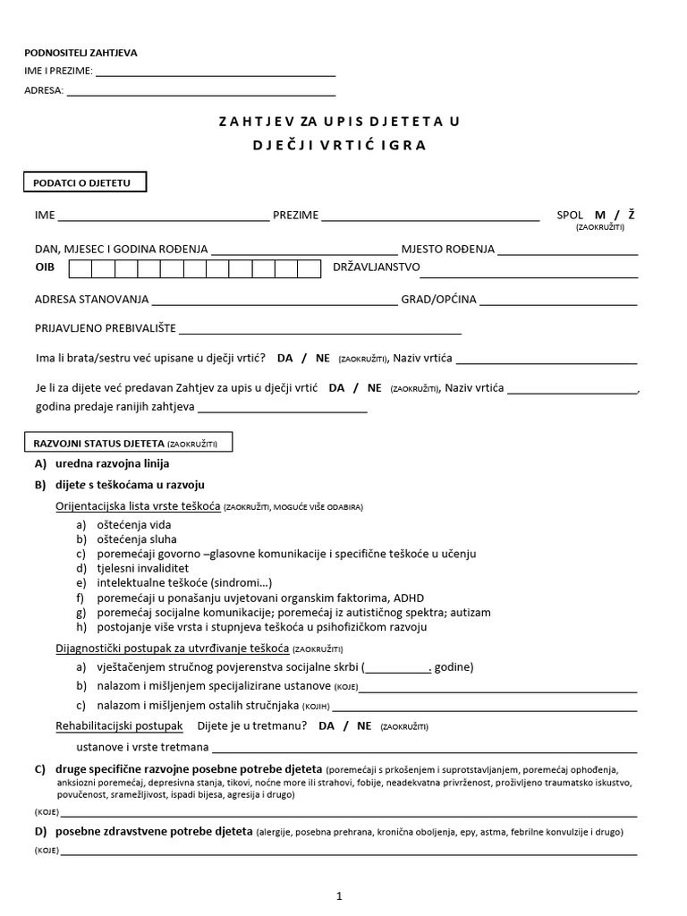 Zahtjev Za Upis U DV Igra 2 | PDF