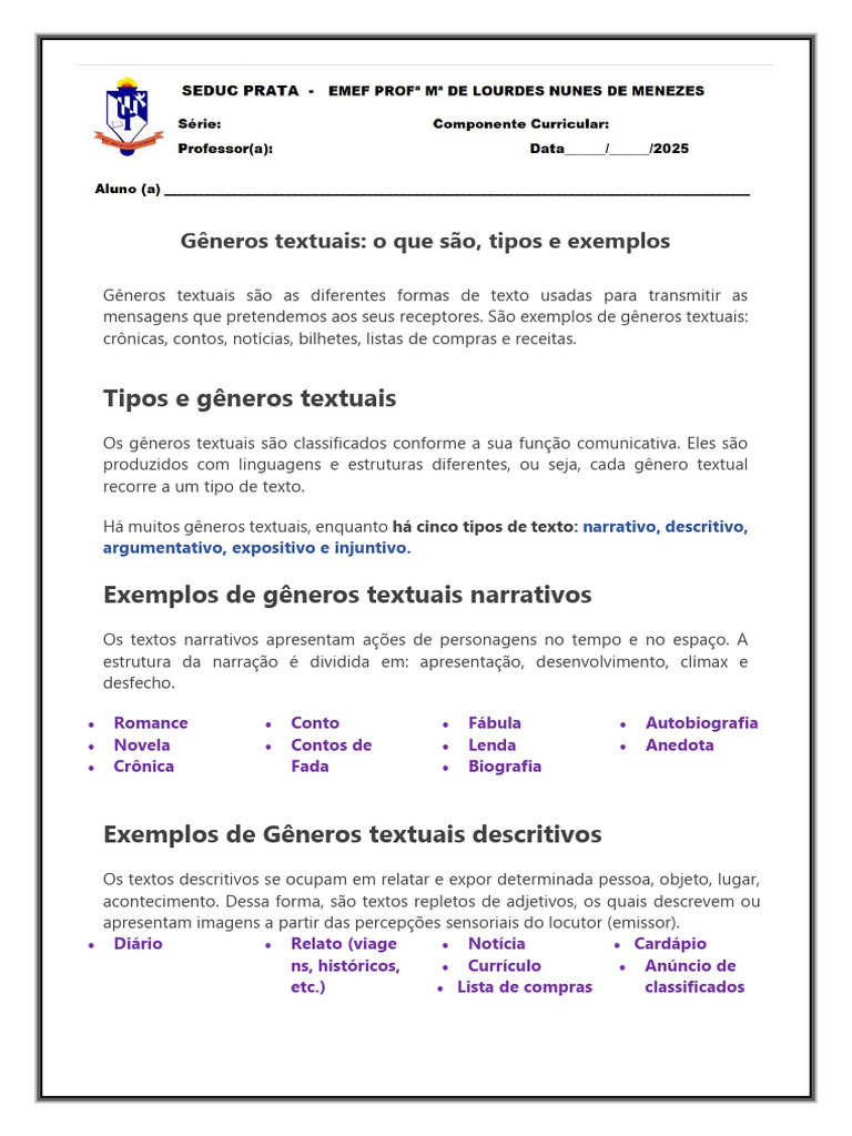Exemplos de Gêneros Textuais para Imprimir | PDF