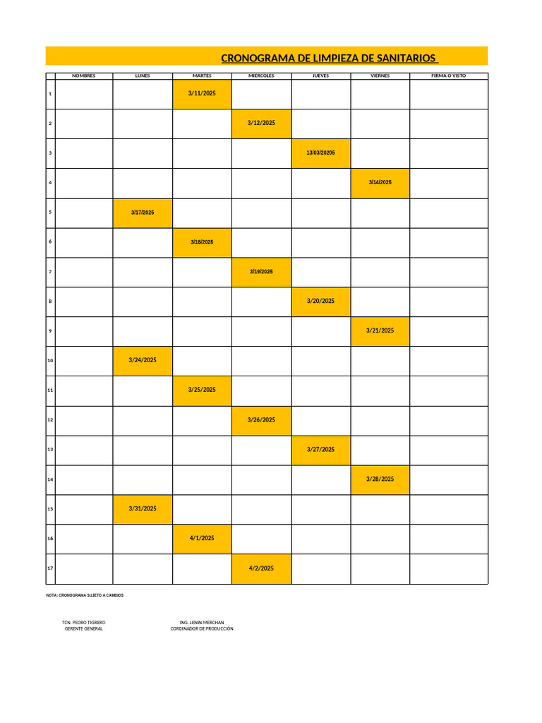 Cronograma de Limpieza | PDF