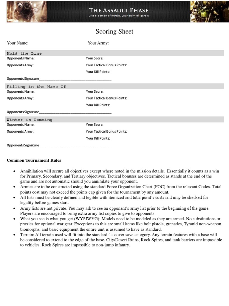 Scoring Sheet: Common Tournament Rules | PDF | Combat | Military Operations