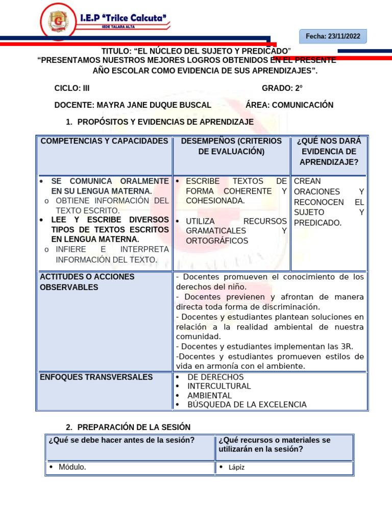 Nucleo del Sujeto y Predicado en Clase | PDF | Aprendizaje | Enseñando