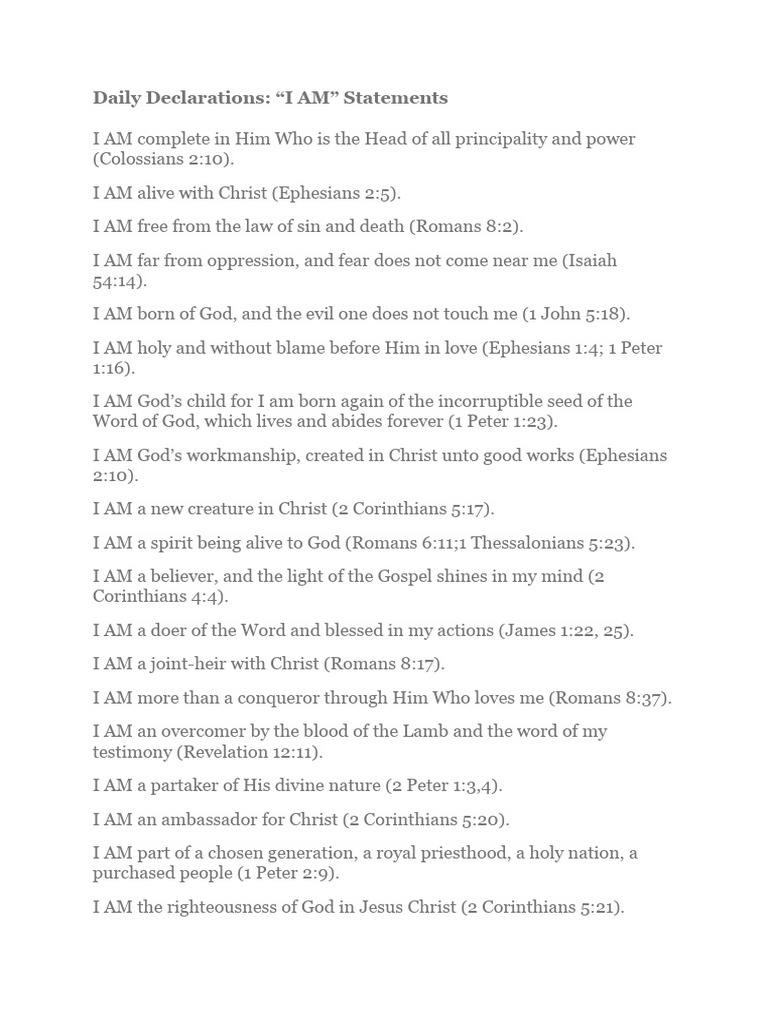 Daily Declarations I Am Statements | PDF | Jesus | Epistle To The ...