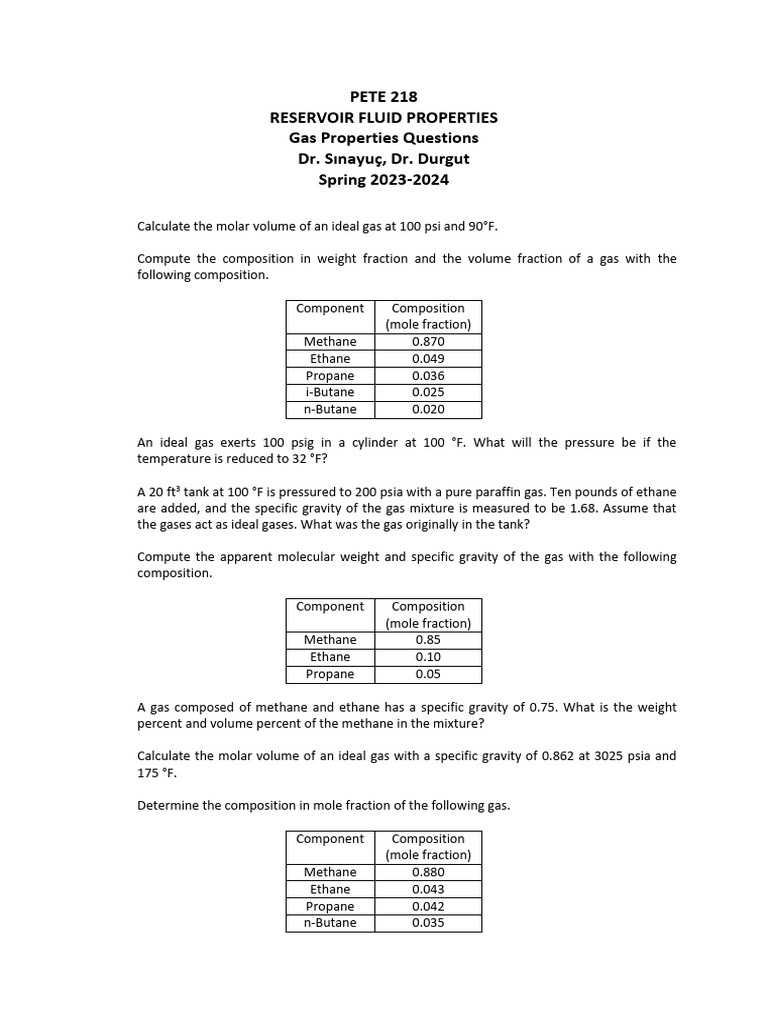 Reservoir Gas Properties Calculations | PDF | Gases | Pressure