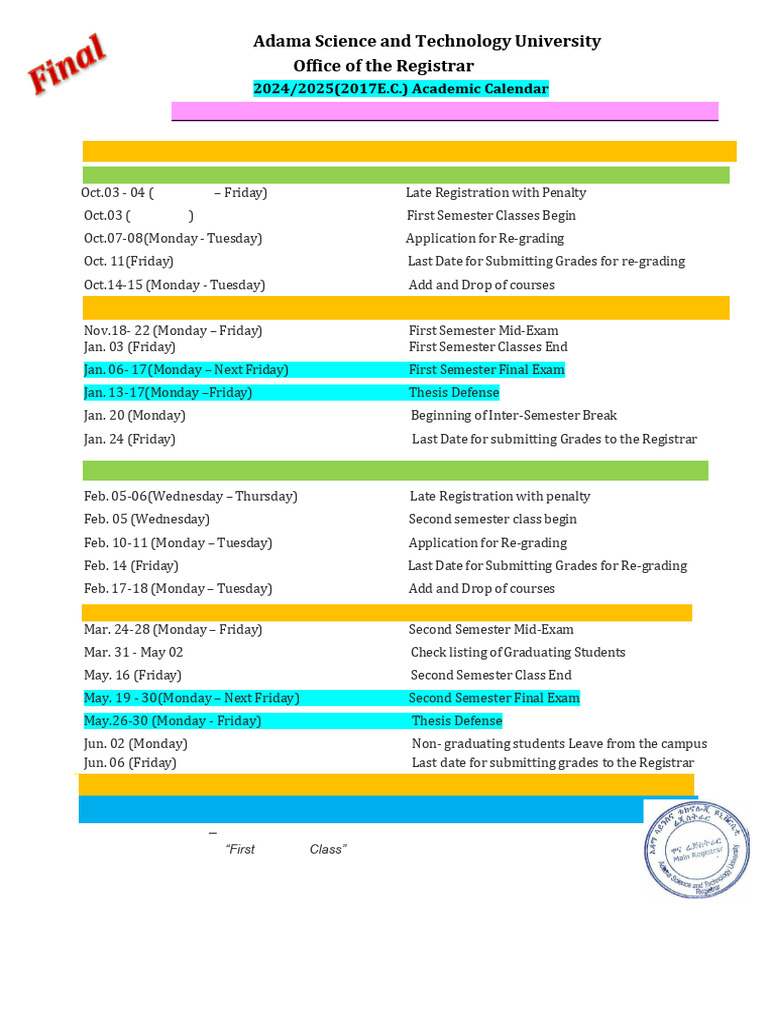 1st Year 2017 E.C.academic Calander | PDF | Academic Term | Academia