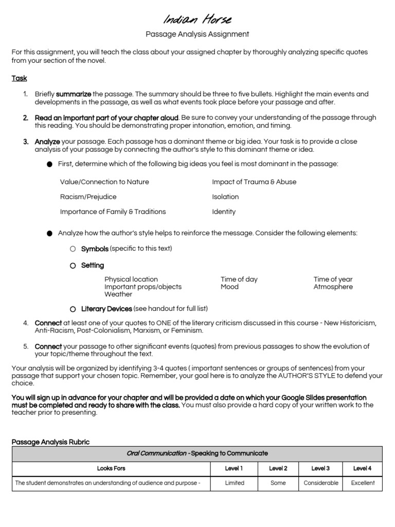 Indian Horse Passage Analysis Assignment | PDF | Citation | Human ...
