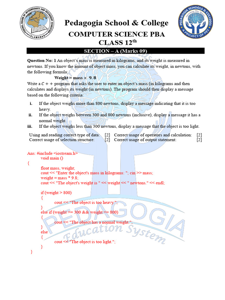 Computer Science HSSC II PBA | PDF | Weight | Mass