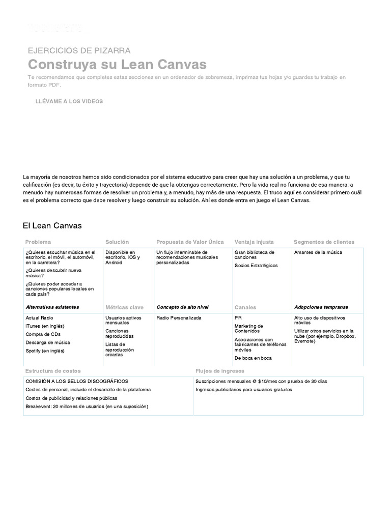Construya Su Lean Canvas - Hoja de Trabajo | PDF | Yo sintoniza