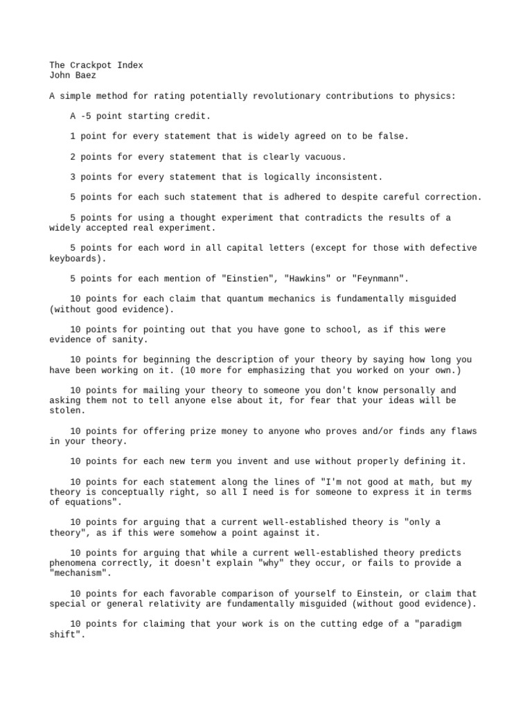 John Baez Crackpot Index | PDF | Theory | Albert Einstein