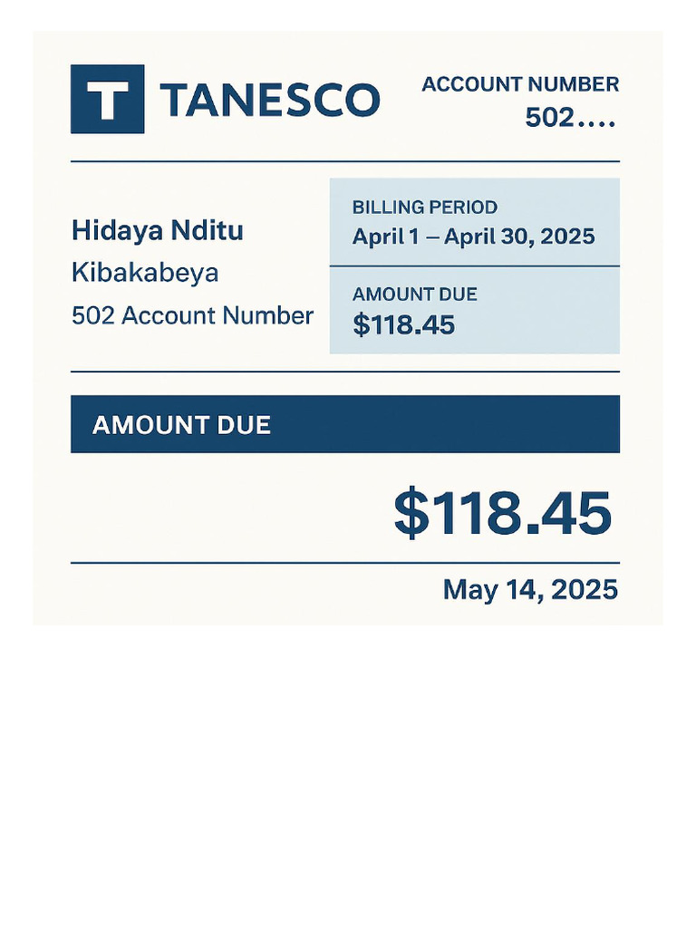 TANESCO Utility Bill Hidaya Nditu | PDF