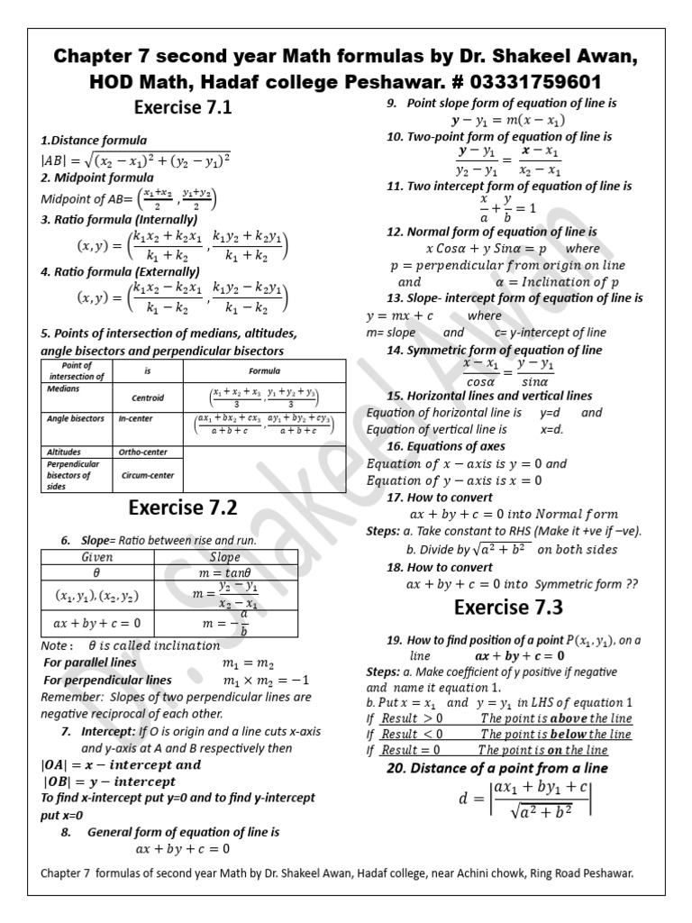 Chapter 7 Second Year Exercise Wise Formulas v3 | PDF | Perpendicular ...