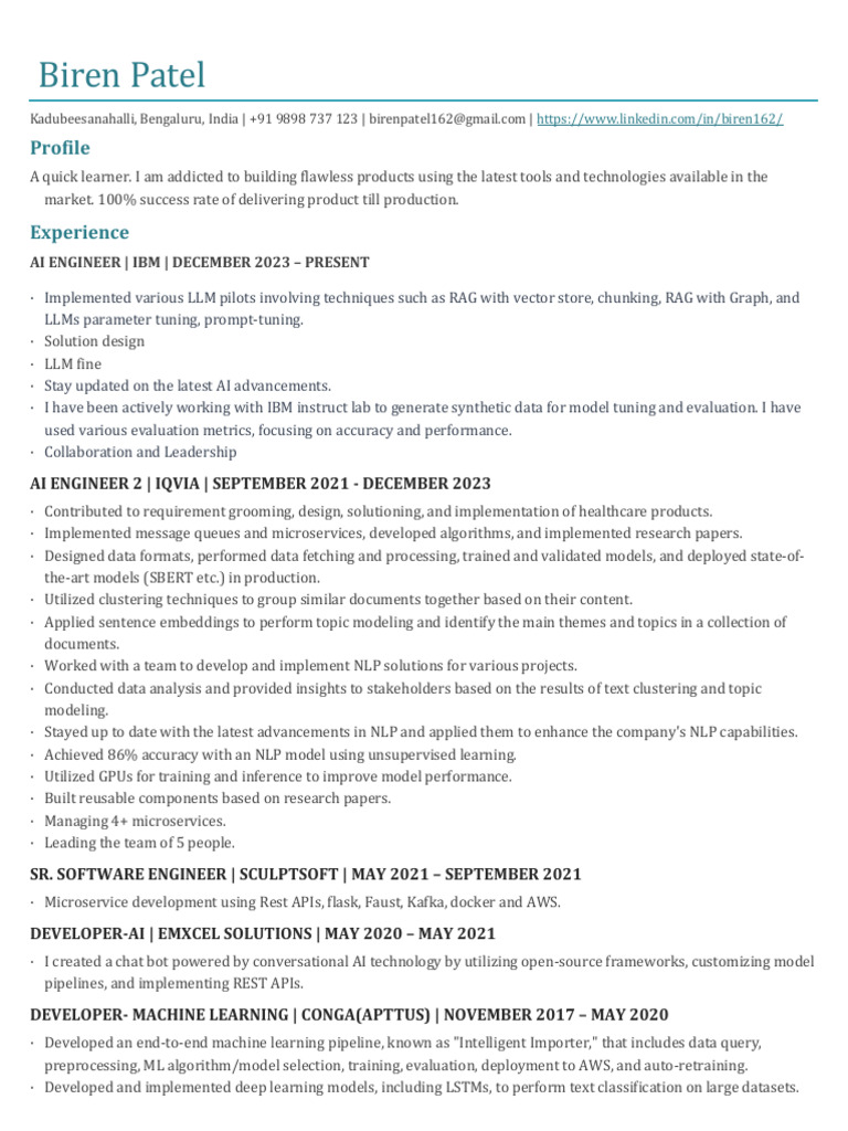 Biren Resume Senior AI Engineer | PDF | Machine Learning | Artificial ...