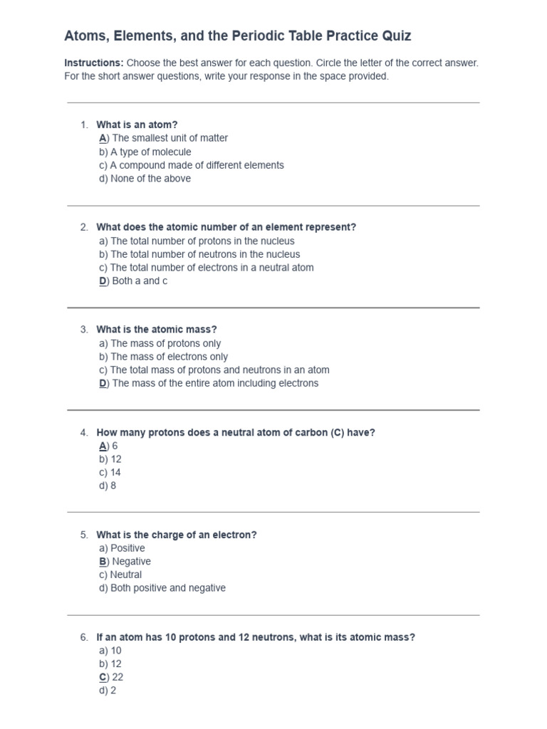Atoms and Elements Quiz | PDF | Atoms | Proton