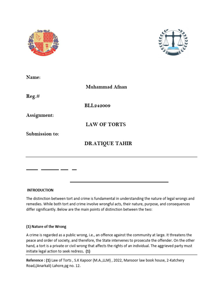 Afnan Torts Final Assignment | PDF | Tort | Damages