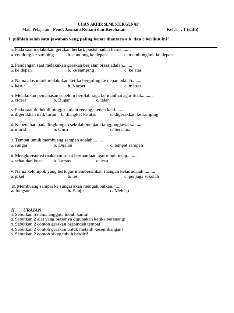 Soal Ujian Pjok Kelas 1 Semester Genap | PDF