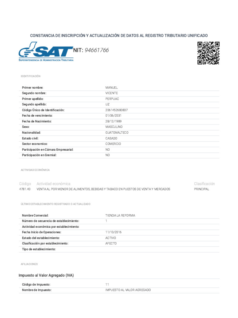 Impresión RTU para NIT 94661766 | PDF | Impuestos | Impuesto al valor ...