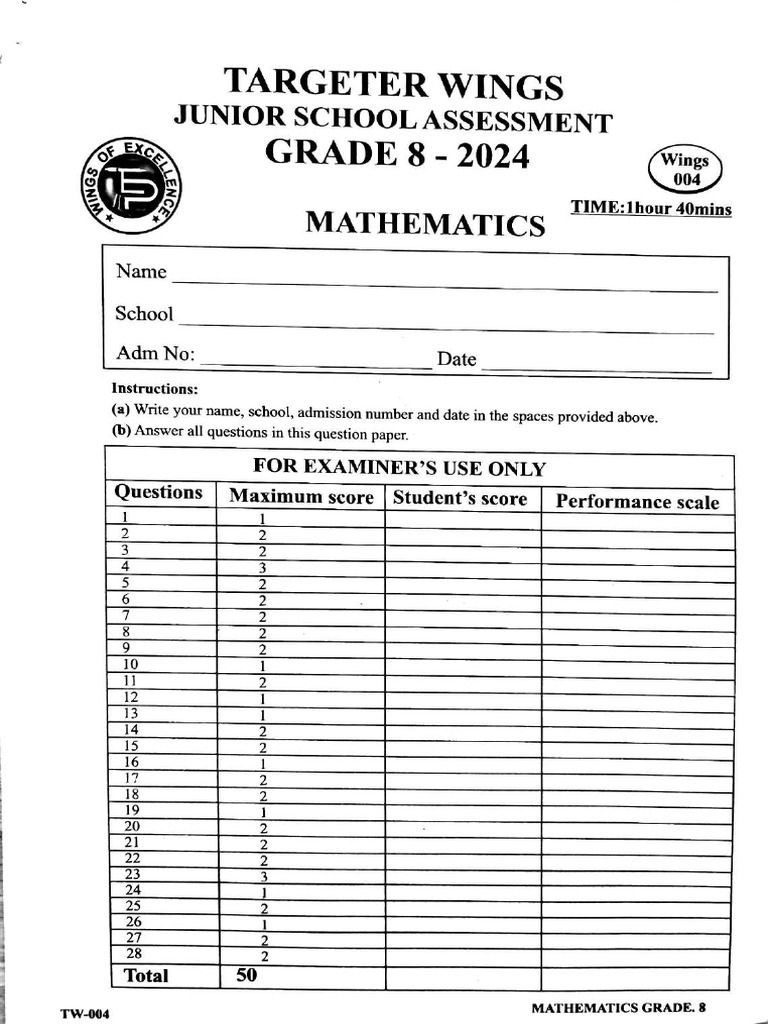 Grade 8 004 Targeter Wings All Subjects With Marking Scheme PDF | PDF