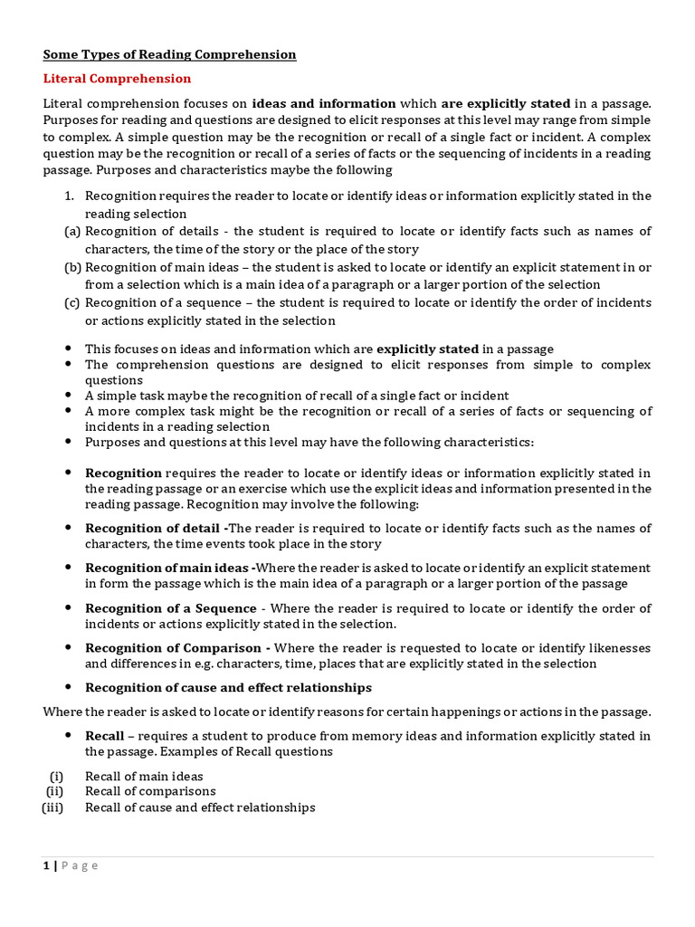 Some Types of Reading Comprehension | PDF | Reading Comprehension | Semantics