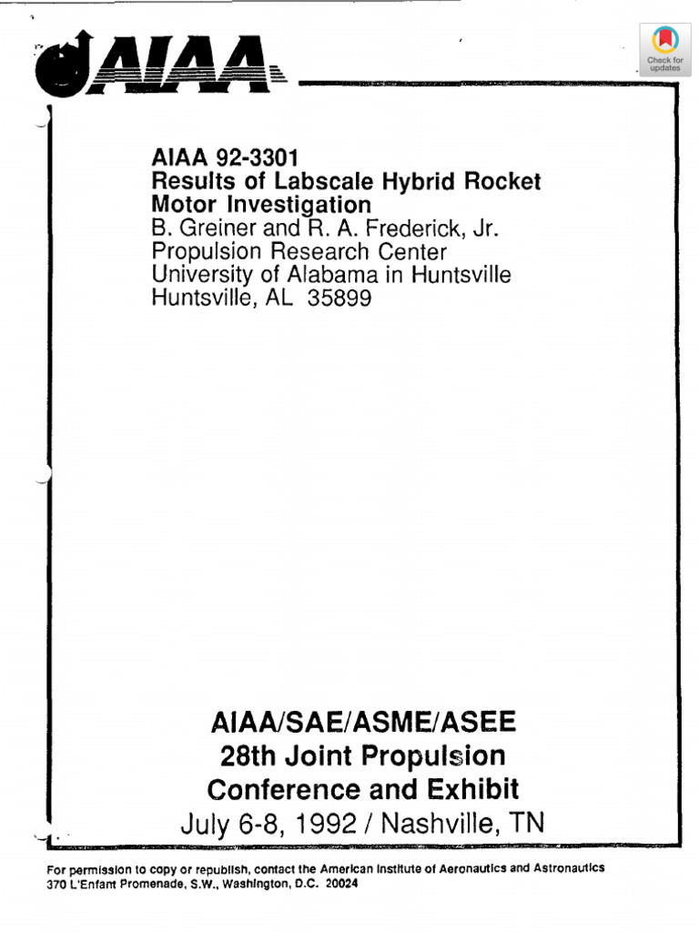Results of Labscale Hybrid Rocket Motor Investigation 1992 American Institute of Aeronautics and ...