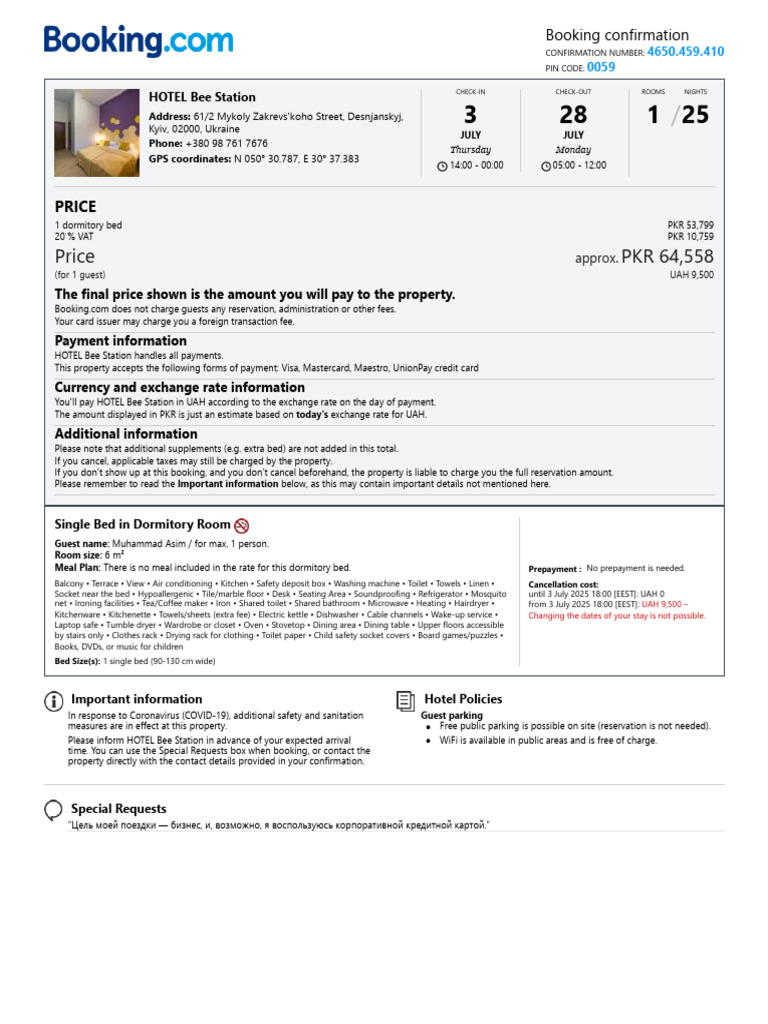 Booking Confirmation for HOTEL Bee Station | PDF | Payments | Credit Card