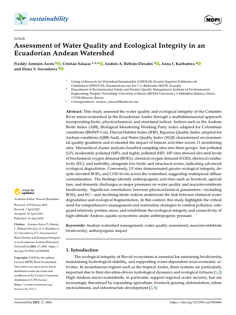 Assessment of Water Quality and Ecological Integrity in An Ecuadorian ...