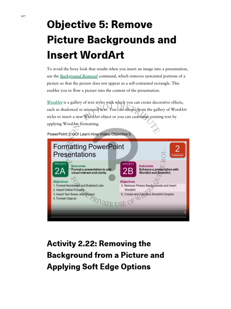 Objective 5 - Remove Picture Backgrounds and Insert WordArt | PDF ...