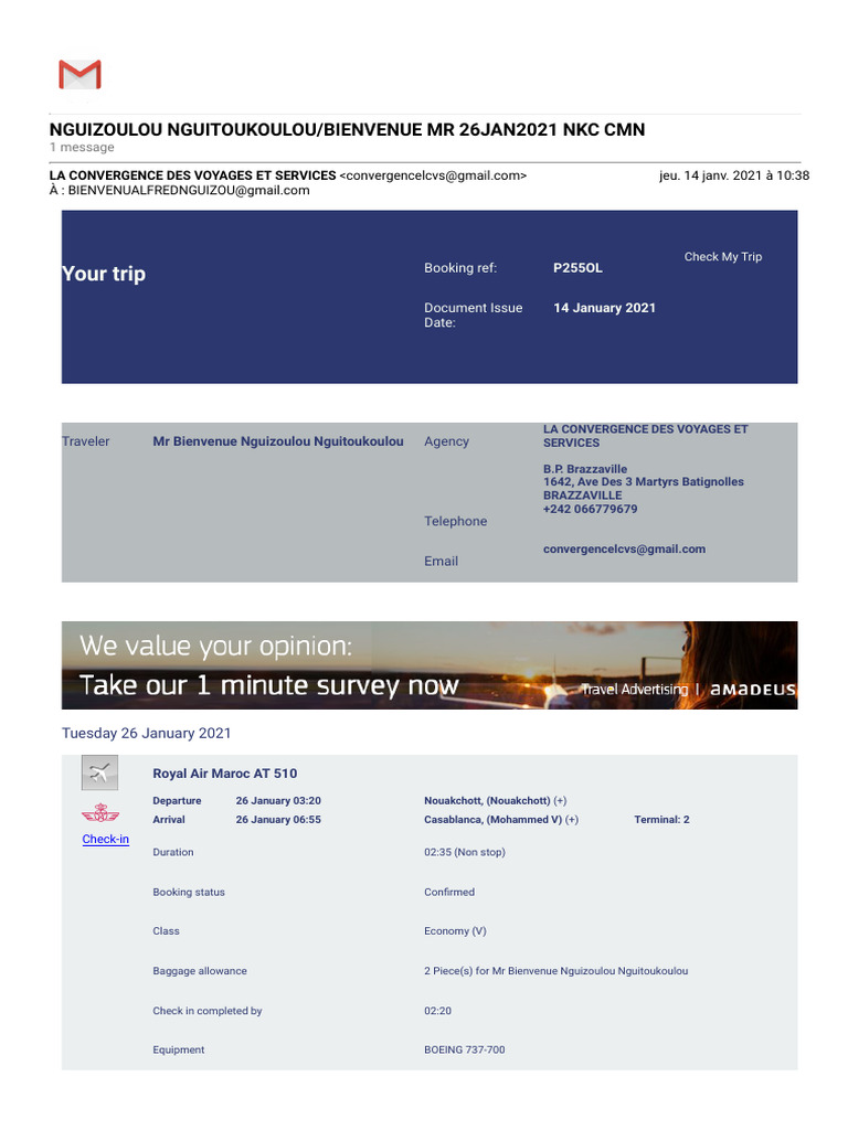 Gmail - Nguizoulou Nguitoukoulou - Bienvenue MR 26jan2021 NKC CMN | PDF | Airlines | Aviation