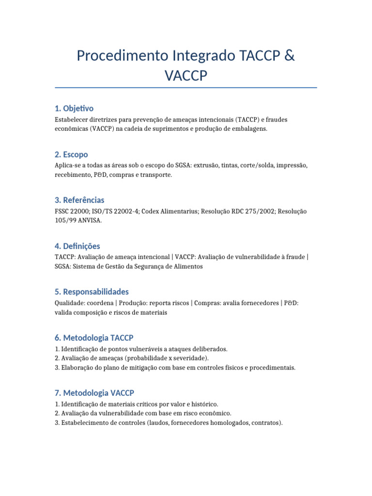 Procedimento TACCP VACCP Unificado ISO | PDF