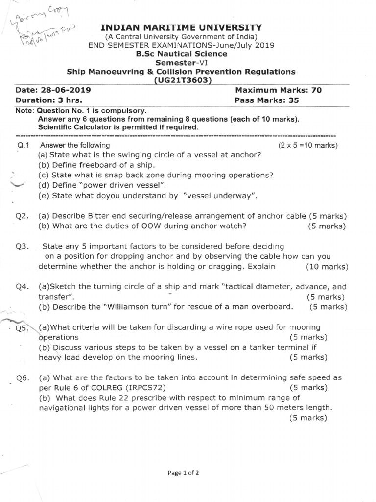 UG21T3603 Ship Manoeuvring & Collision Prevention Regulations | PDF ...