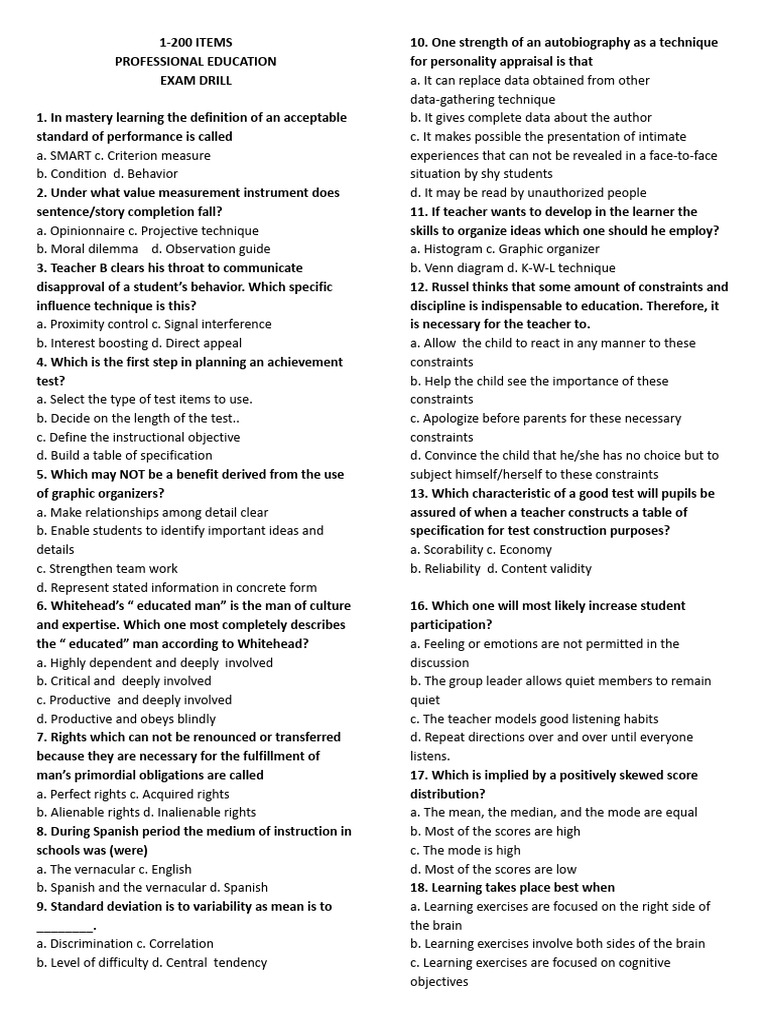 1 200 Items Prof Ed Exam Drill | PDF | Learning | Teachers